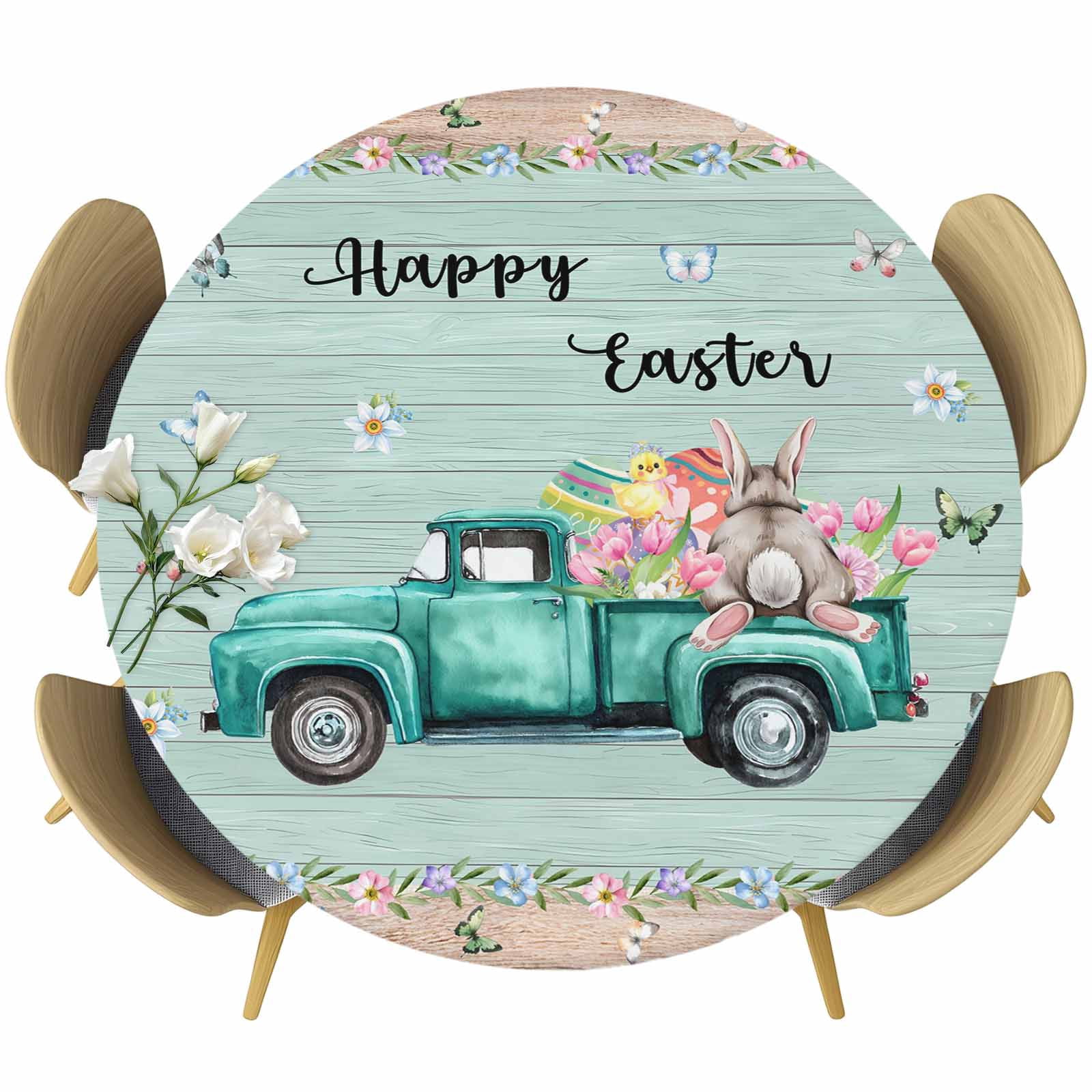 Easter Round Tablecloth, Fitted Table Cover with Elastic for 45"-54 ...