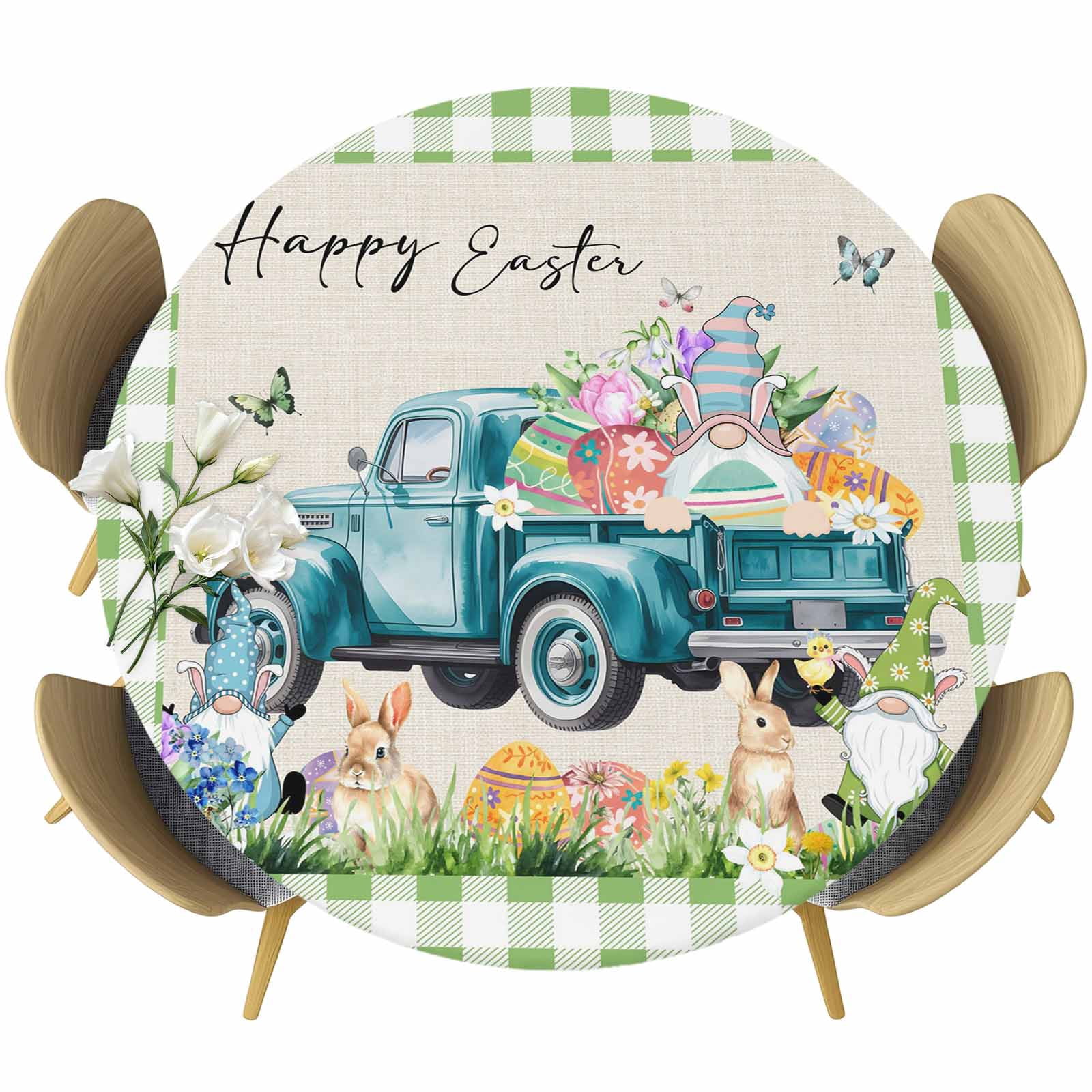 Easter Round Tablecloth, Fitted Table Cover with Elastic for 55"-60 ...