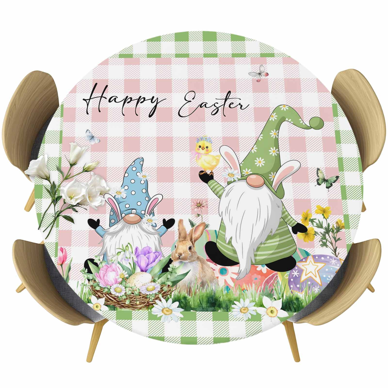 Easter Round Tablecloth, Fitted Table Cover with Elastic for 55"-60 ...
