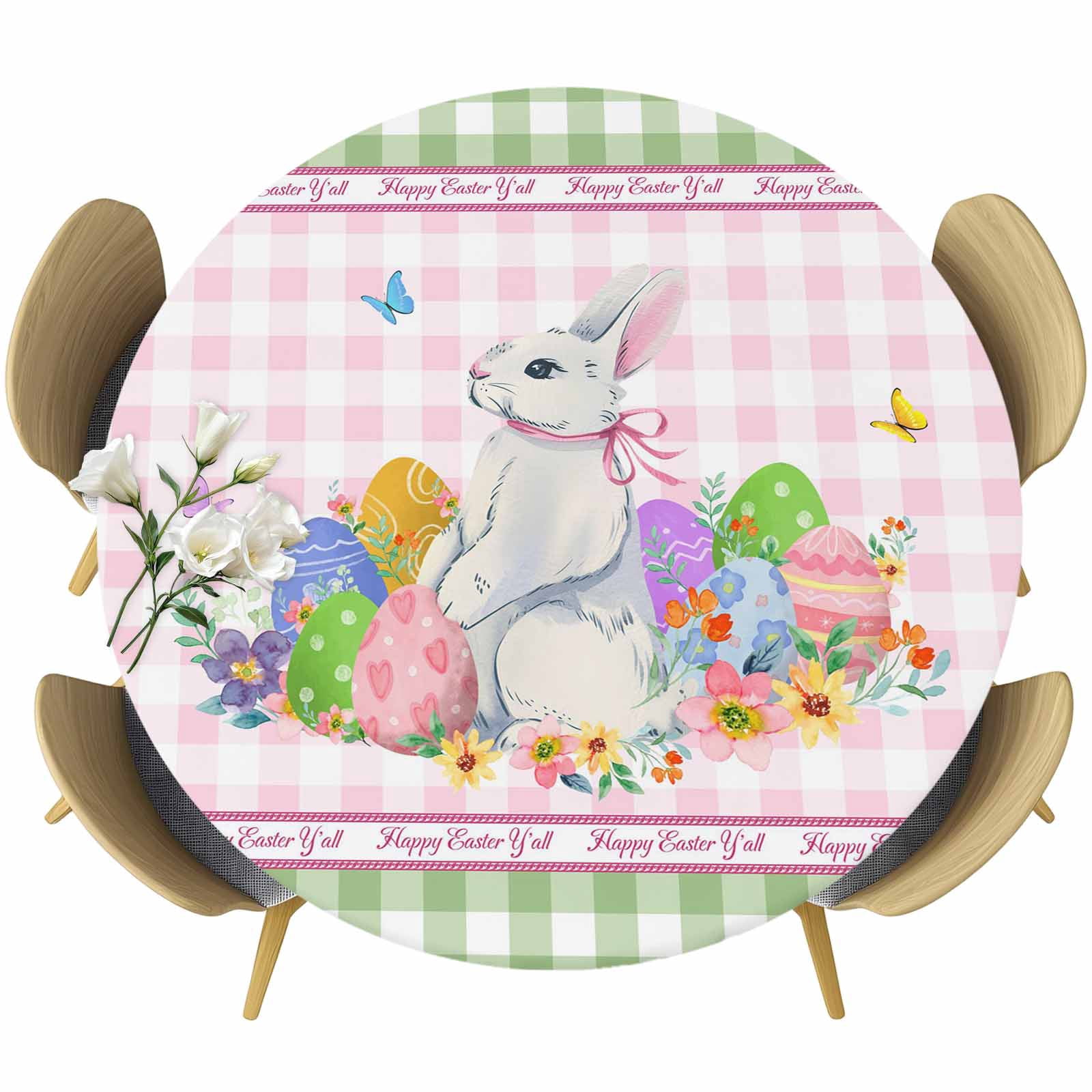 Easter Round Tablecloth, Fitted Table Cover with Elastic for 55"-60 ...
