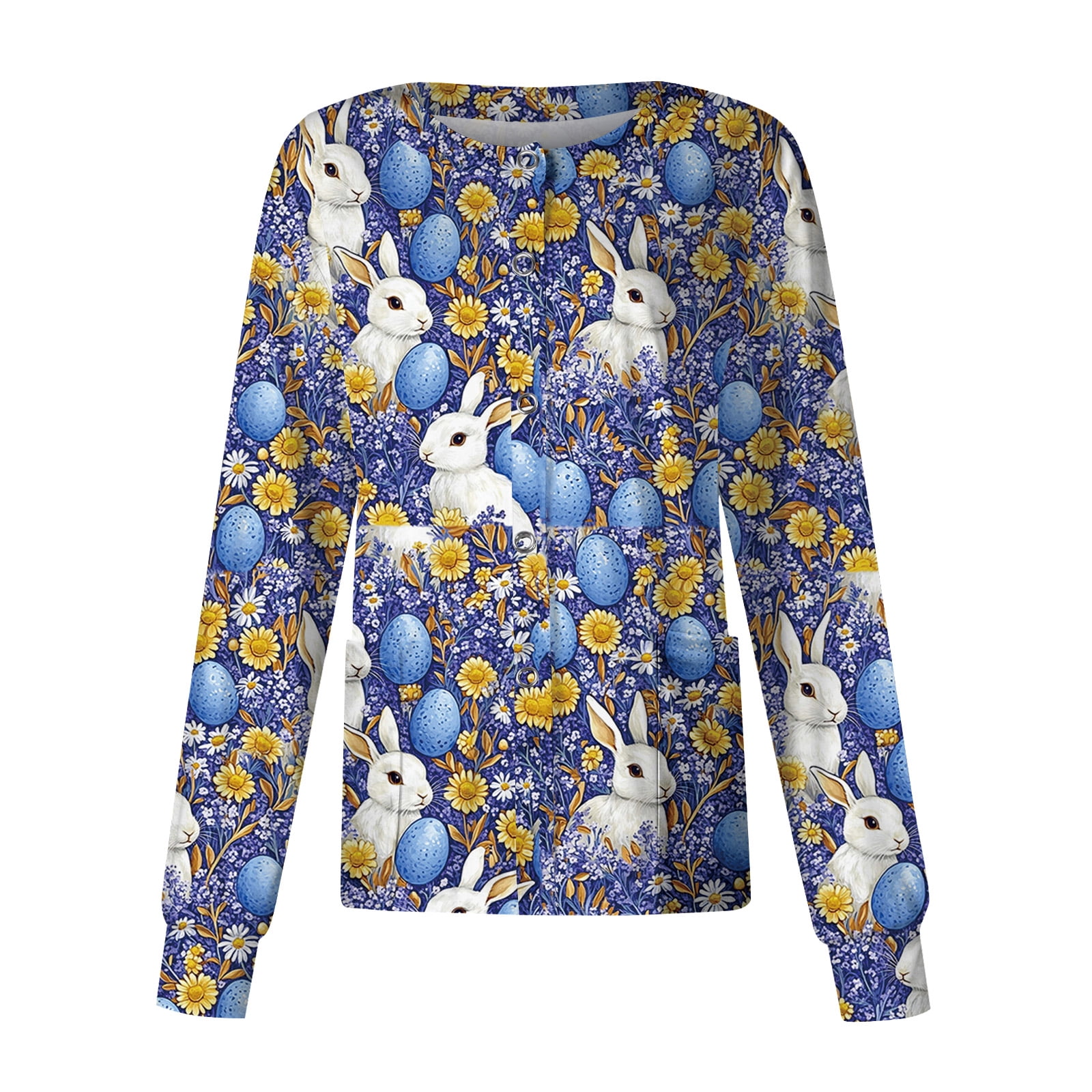 Easter Scrub Jackets Women Bunny Egg Print Crew Neck Scrubs Long Sleeve ...