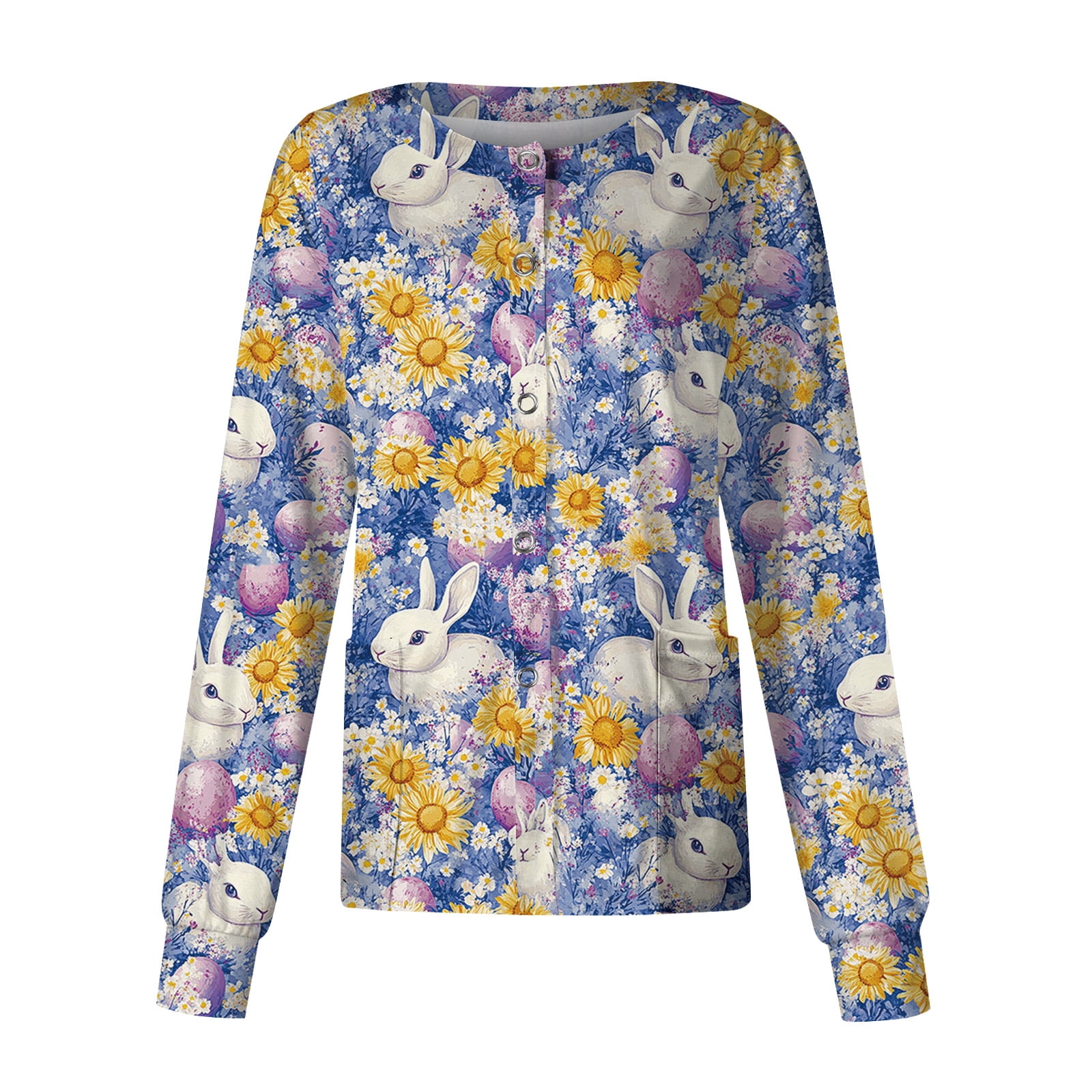 Easter Scrub Jackets Women Bunny and Eggs Printed Crew Neck Scrub Tops ...