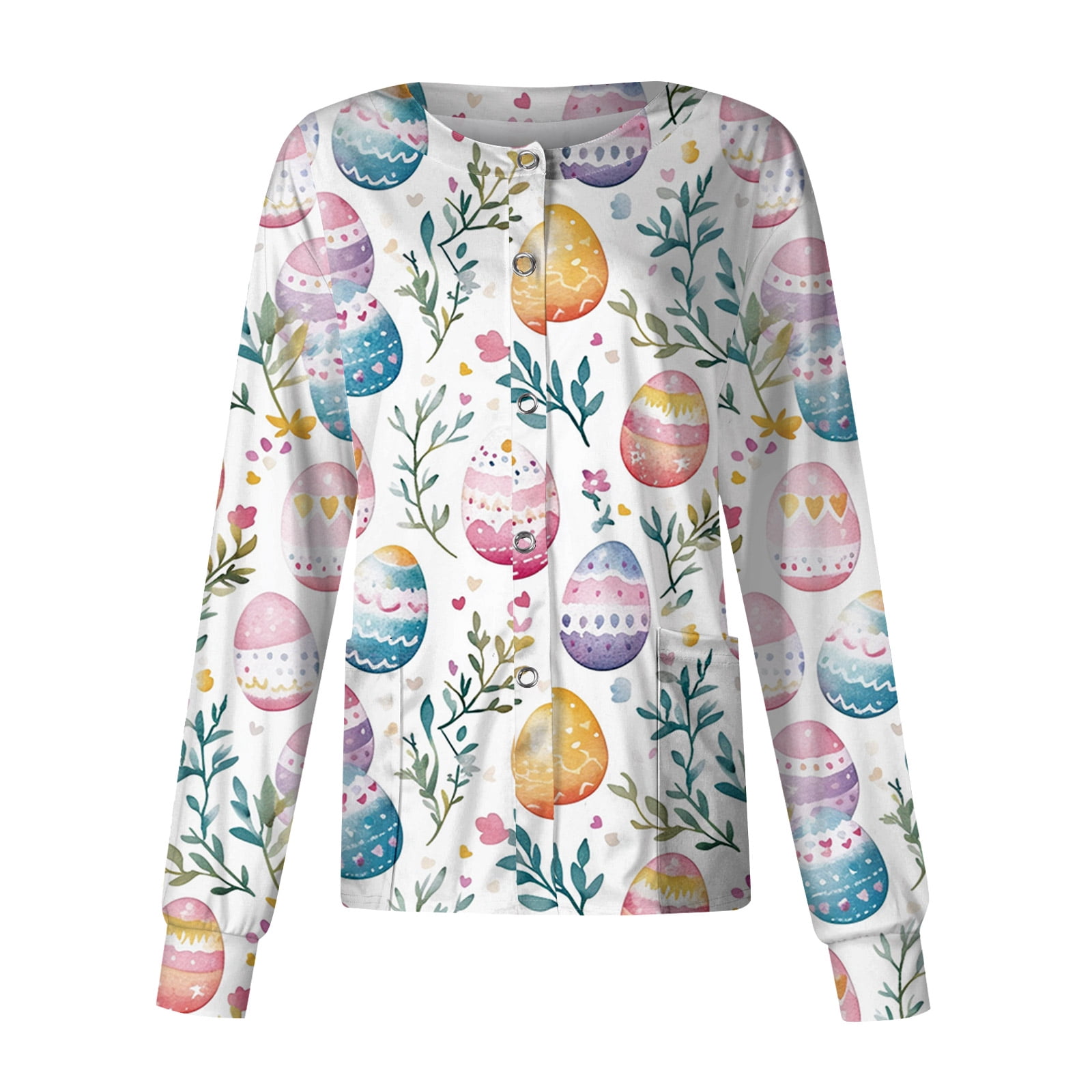 Easter Scrub Jackets for Women Casual Long Sleeve Funny Rabbit & Egg ...