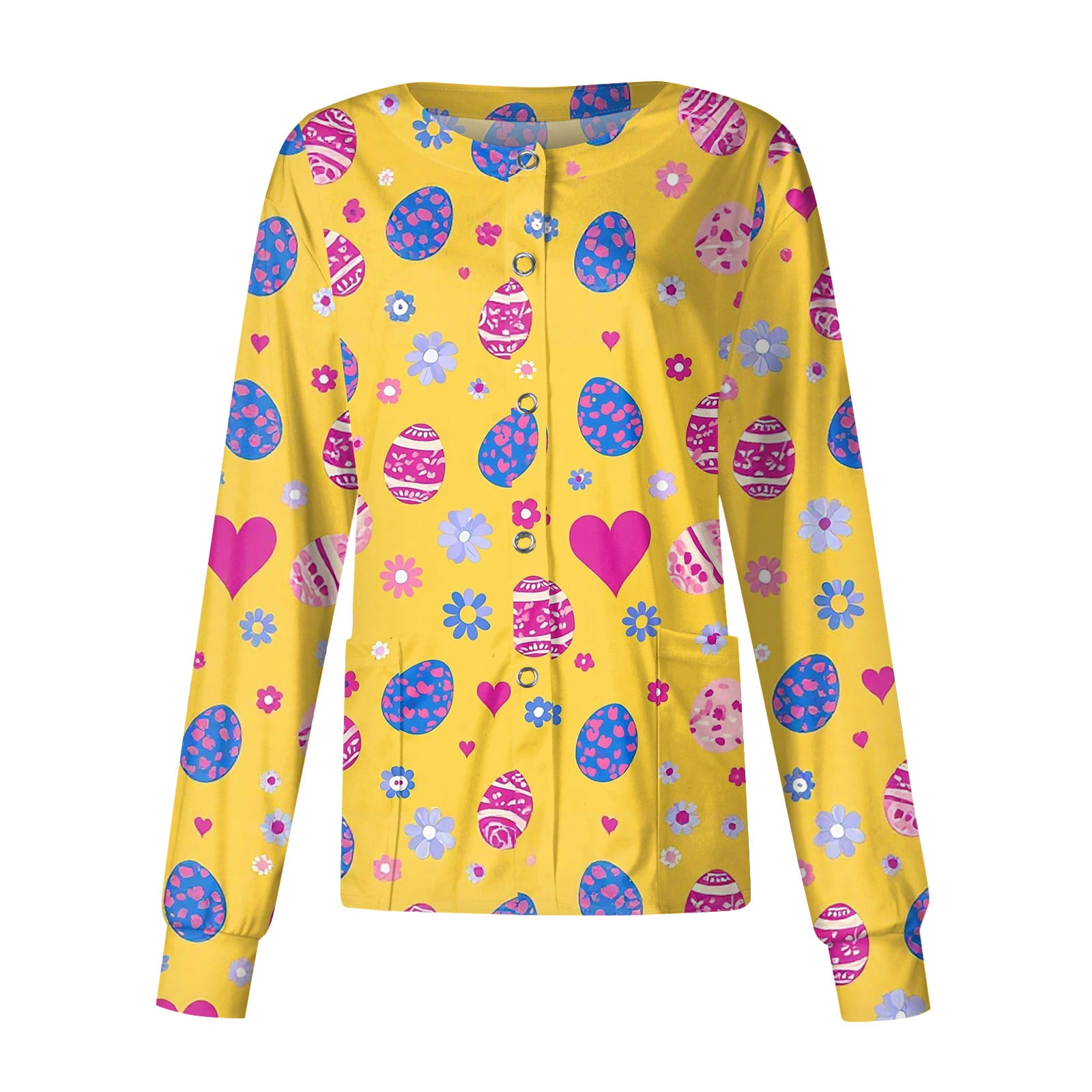 Easter Scrub Jackets for Woman Bunny and Eggs Printed Long Sleeve Nurse ...