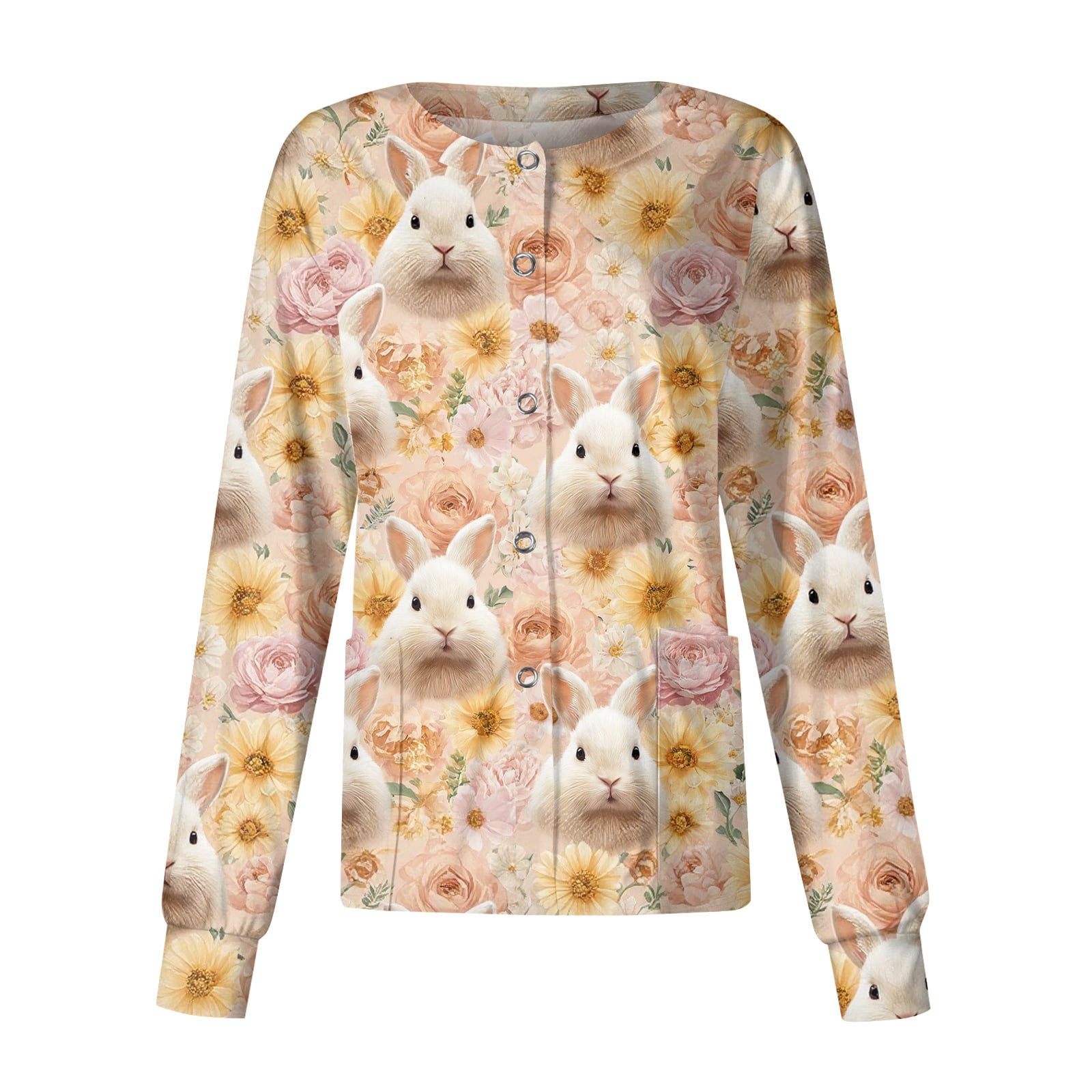 Easter Scrub Jackets for Woman Long Sleeve Snap Front Easter Cute Bunny ...