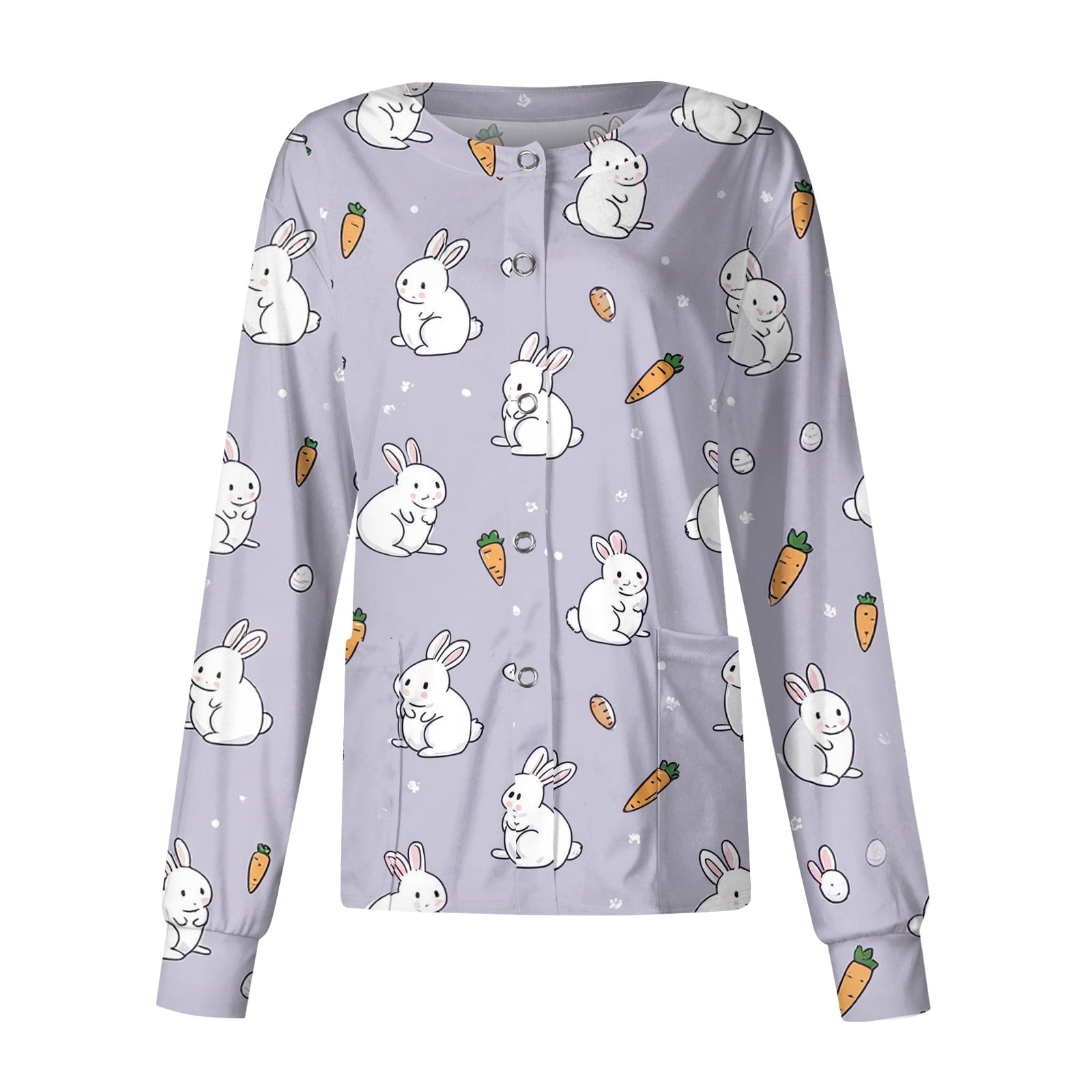 Easter Scrub Jackets for Woman Long Sleeve Snap Front Easter Cute Bunny ...