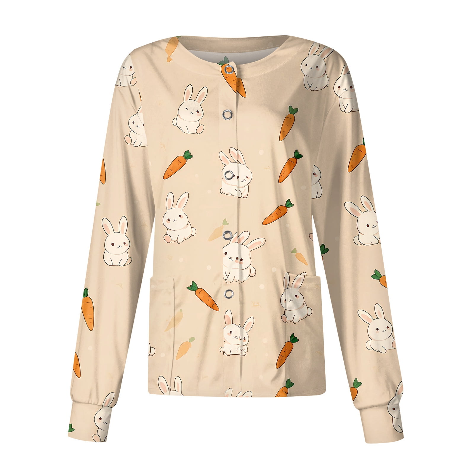 Easter Scrub Shirts for Women Long Sleeve Snap Front Easter Cute Bunny ...