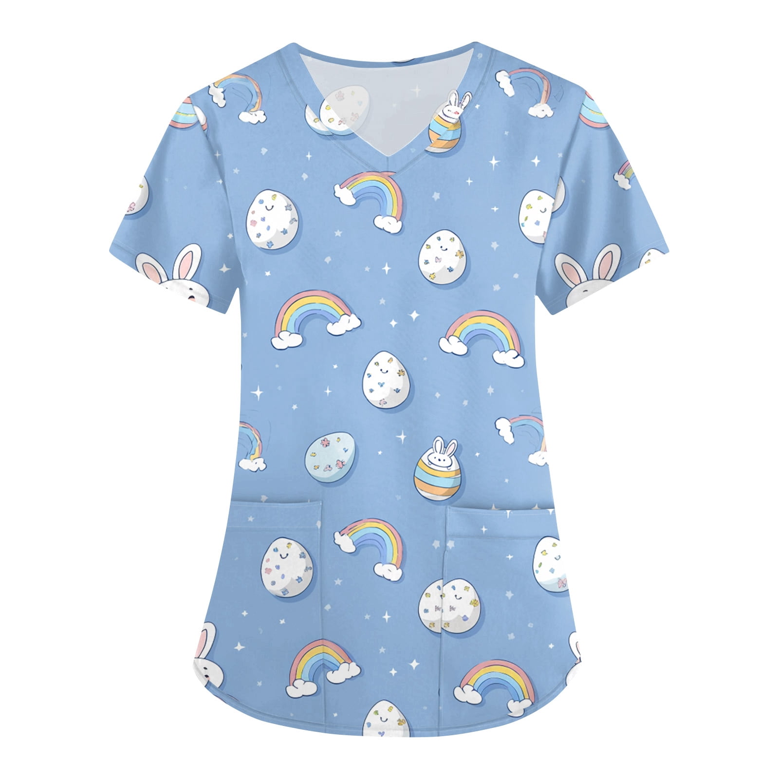 Easter Scrub Tops for Women Casual Short Sleeve Funny Rabbit & Egg ...