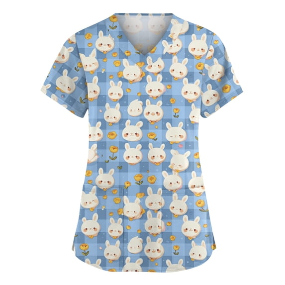 Easter Scrub Tops Women Casual V Neck Funny Bunny and Egg Printed ...