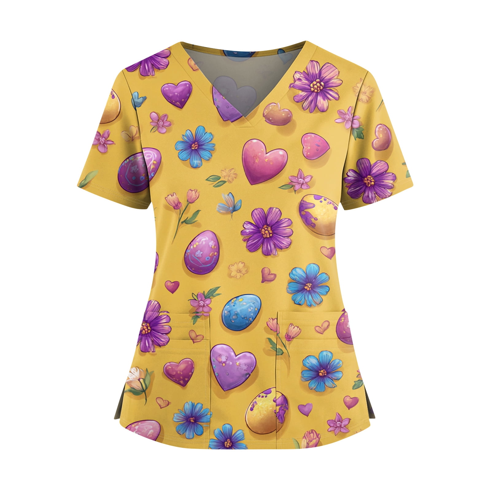 Easter Scrub Tops Women Loose Short Sleeve Cute Bunny and Egg Printed ...