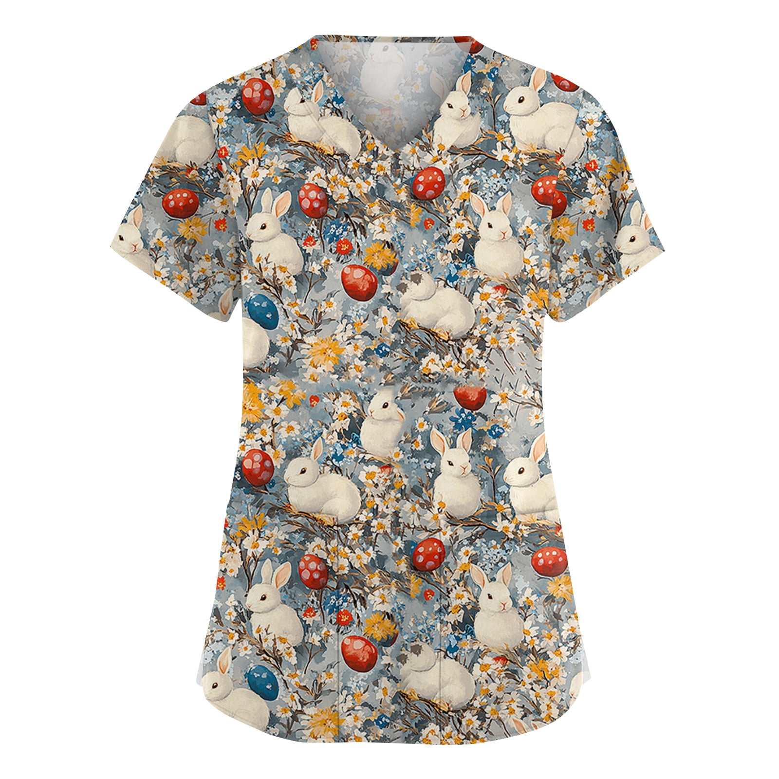 Easter Scrub Tops Women Loose Short Sleeve Cute Rabbit & Egg Printed ...
