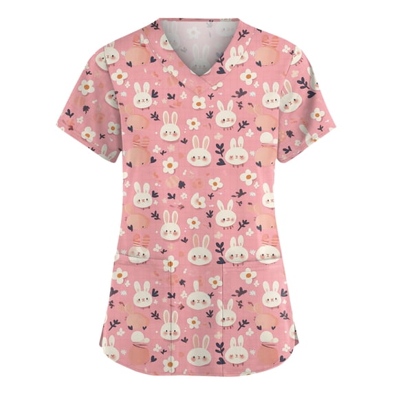 Easter Scrub Tops Women Loose V Neck Funny Rabbit & Egg Printed Scrubs ...