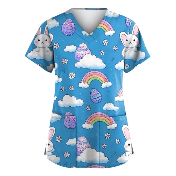 Easter Scrub Tops for Women Plus Size Casual V Neck Funny Bunny and Egg ...