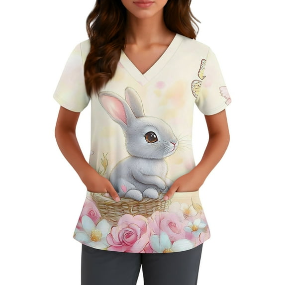 Easter Scrub Tops Women Women Easter Scrub Tops Short Sleeve V Neck ...