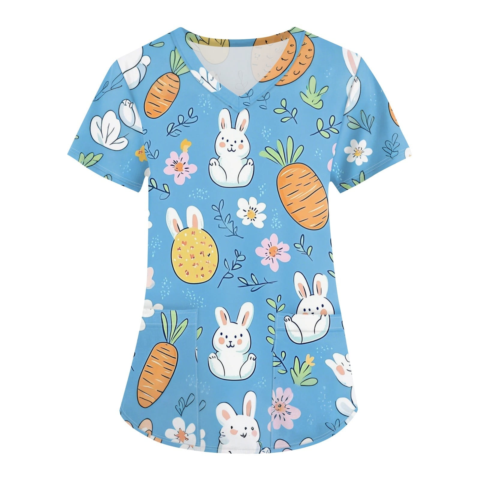 Easter Scrub Tops for Women Plus Size Bunny Egg Hunt Print Short Sleeve ...