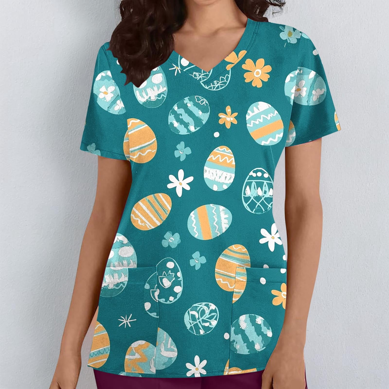 Easter Scrub Tops for Women V-Neck Short Sleeve with Pockets Tulip and ...