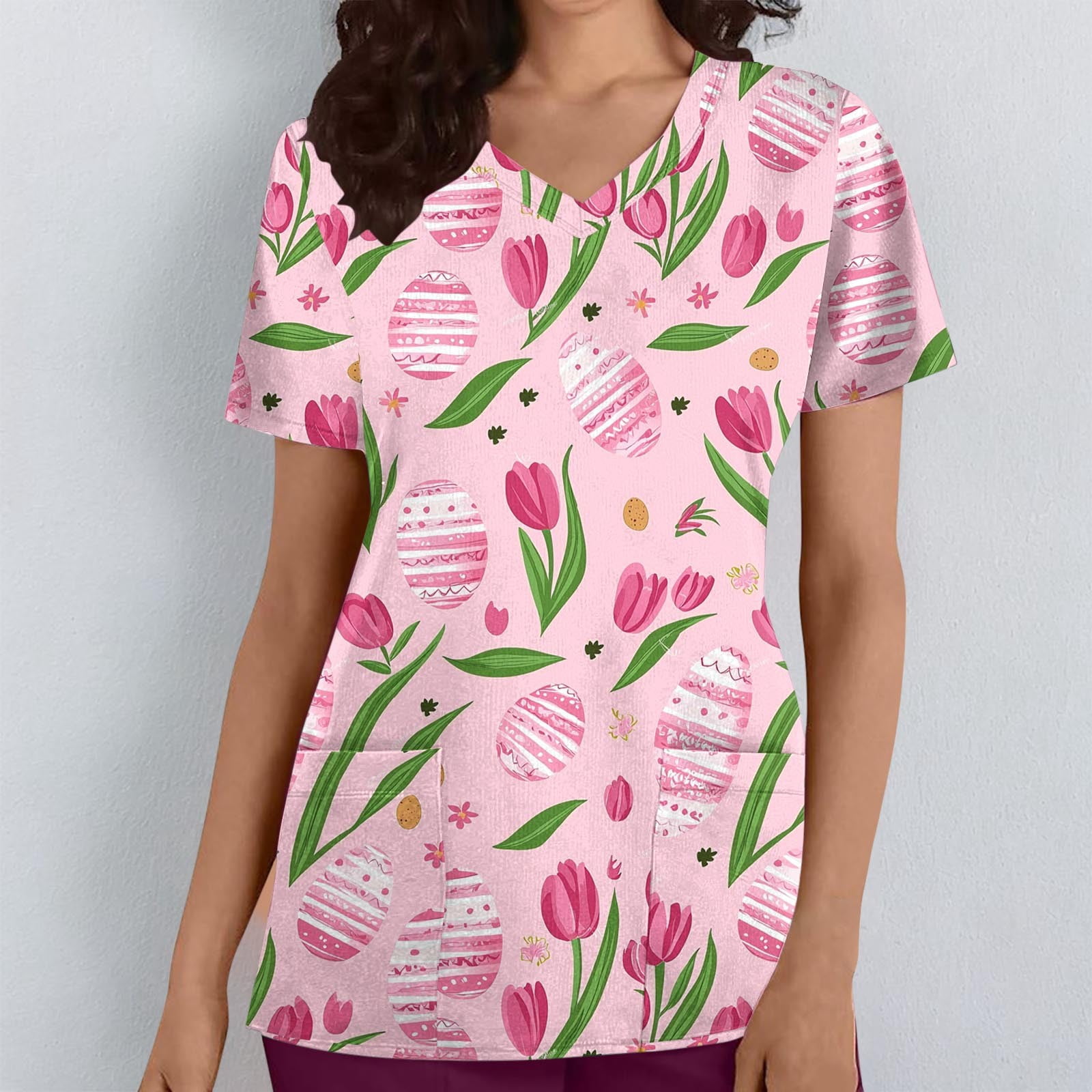 Easter Scrub Tops for Women V-Neck Short Sleeve with Pockets Tulip and ...