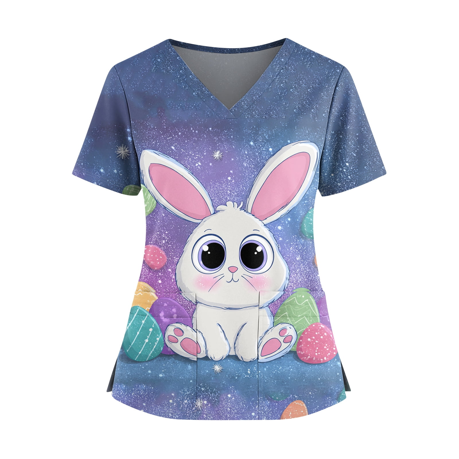 Easter Scrubs Women Bunny Egg Print Short Sleeve Medical Nursing Top V ...