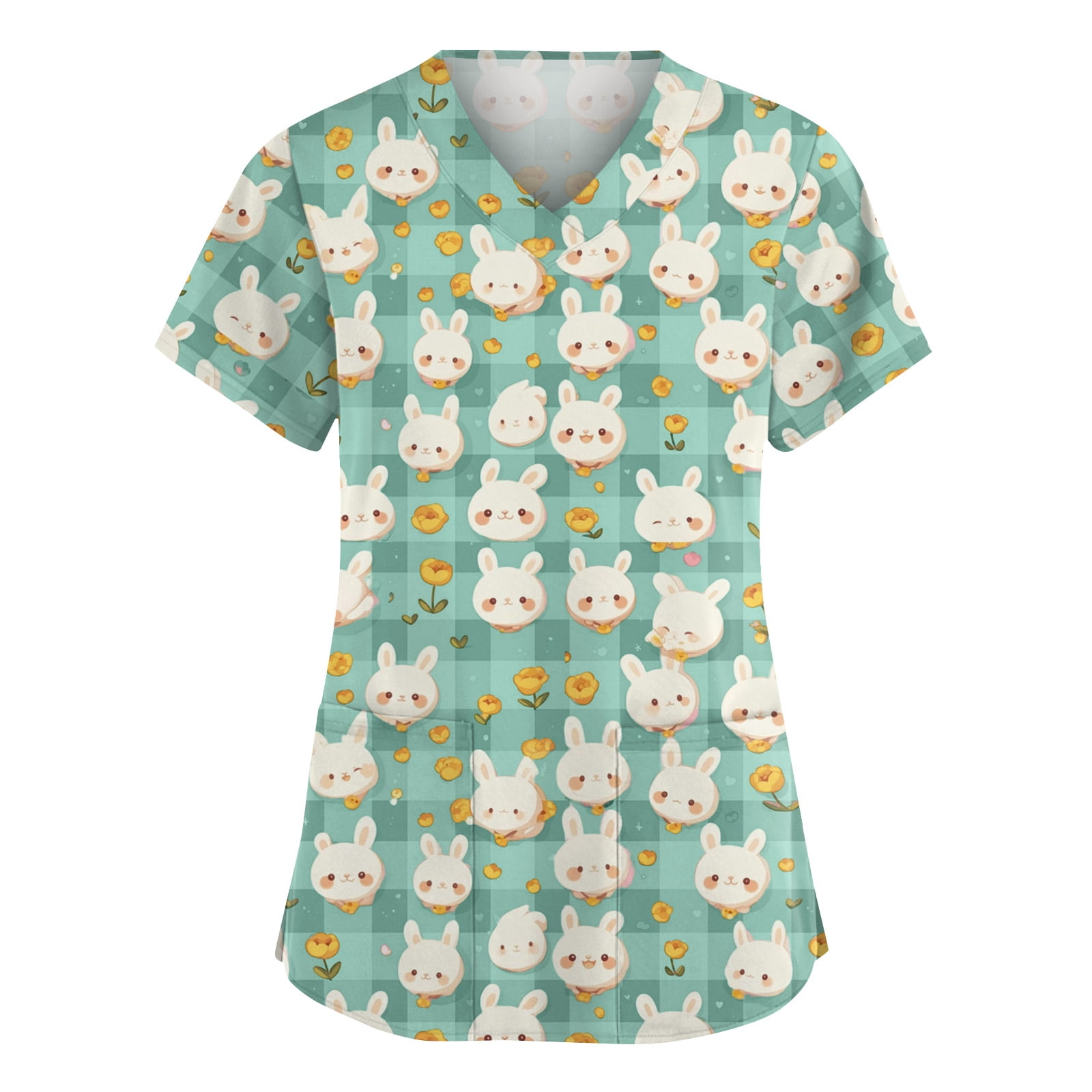 Easter Scrubs Women Bunny Egg Print V Neck Medical Nursing Top Short ...