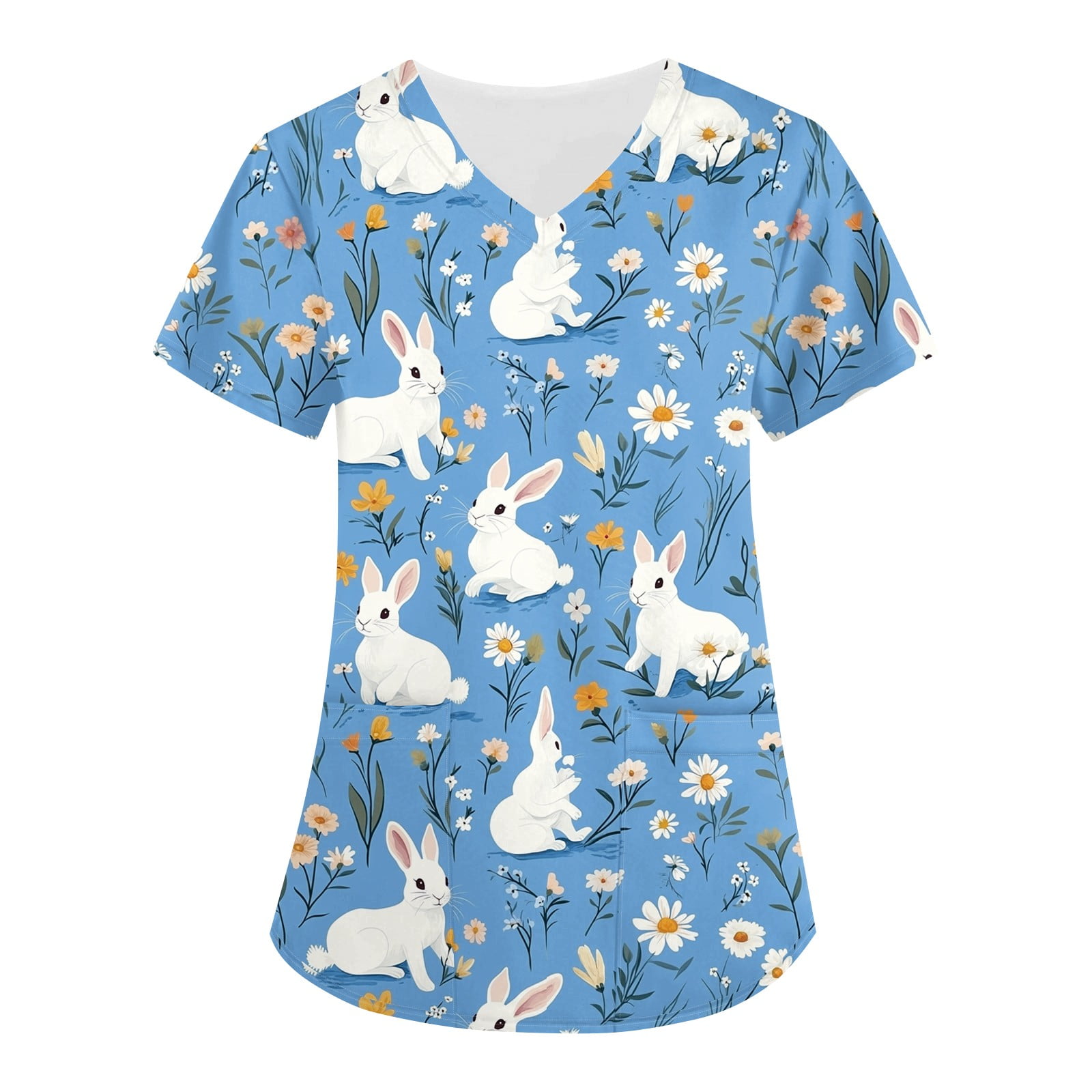 Easter Scrubs for Women, Cute Bunny & Eggs Pattern Stretch Nurse Tops ...