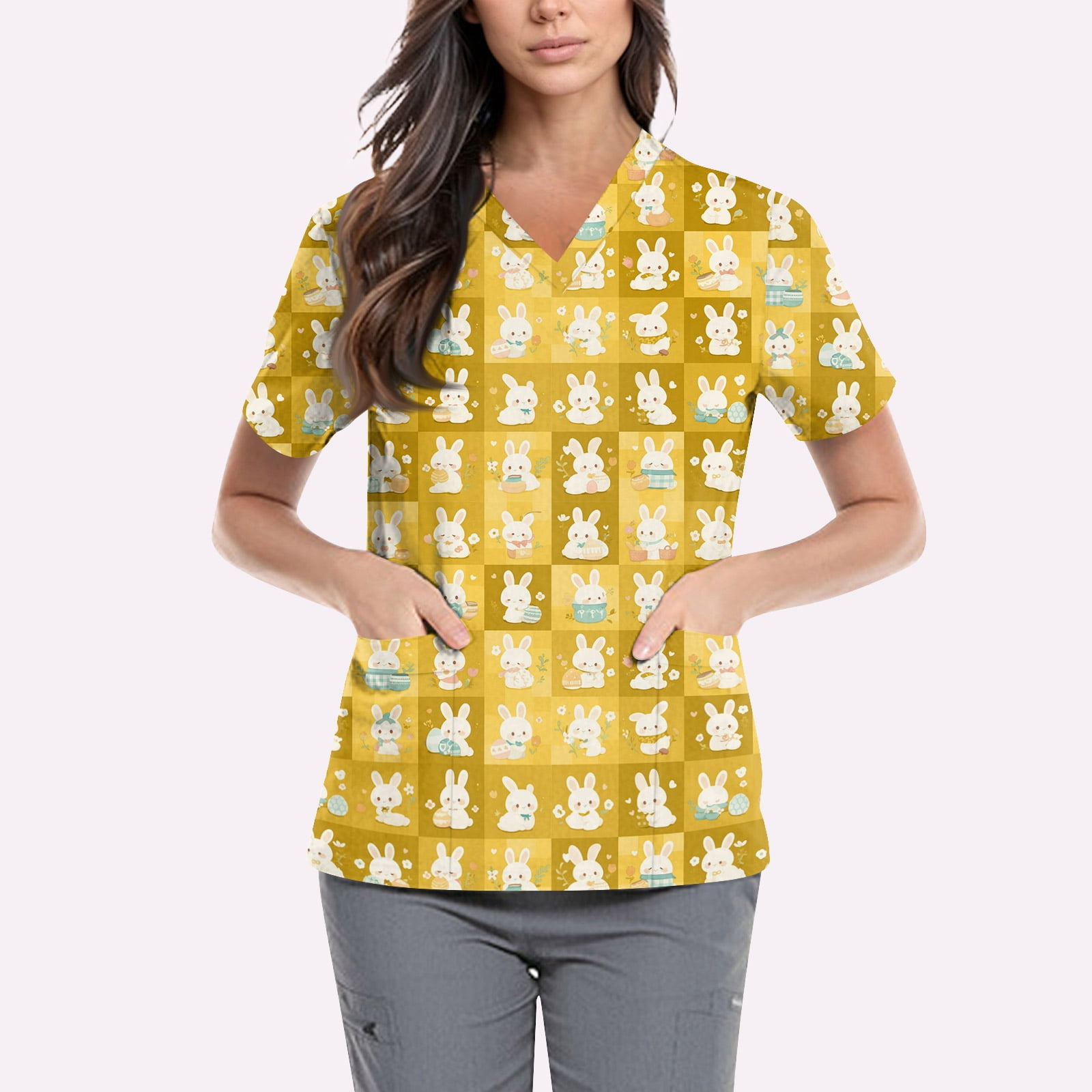 Easter Scrubs for Women Cute Trendy V Neck Short Sleeve Working Uniform ...
