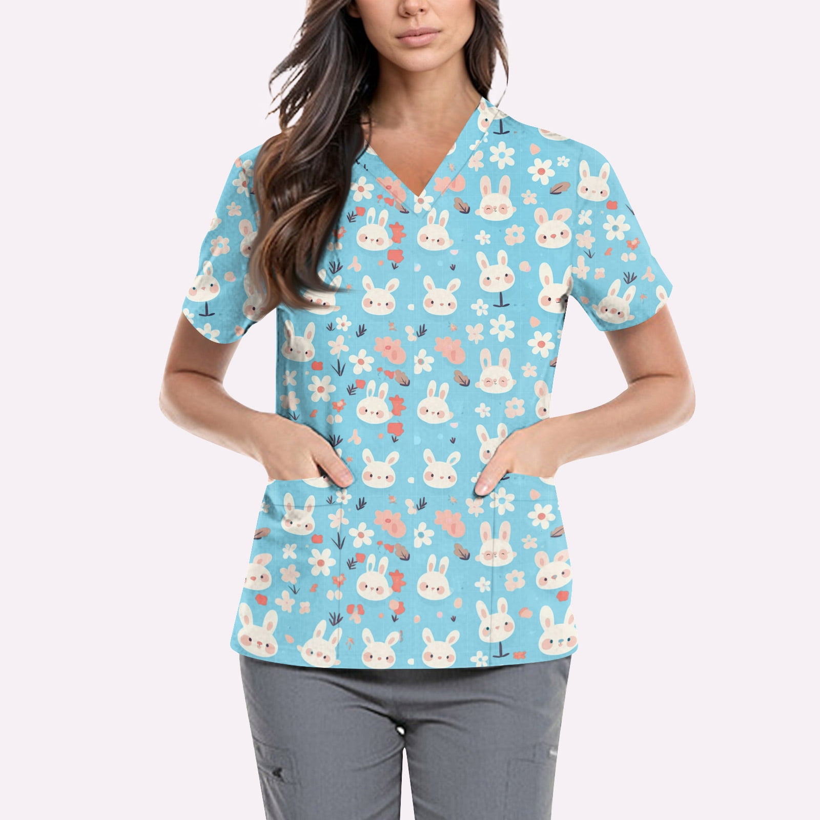 Easter Scrubs for Women Stretchy V Neck Short Sleeve Nursing Uniform ...