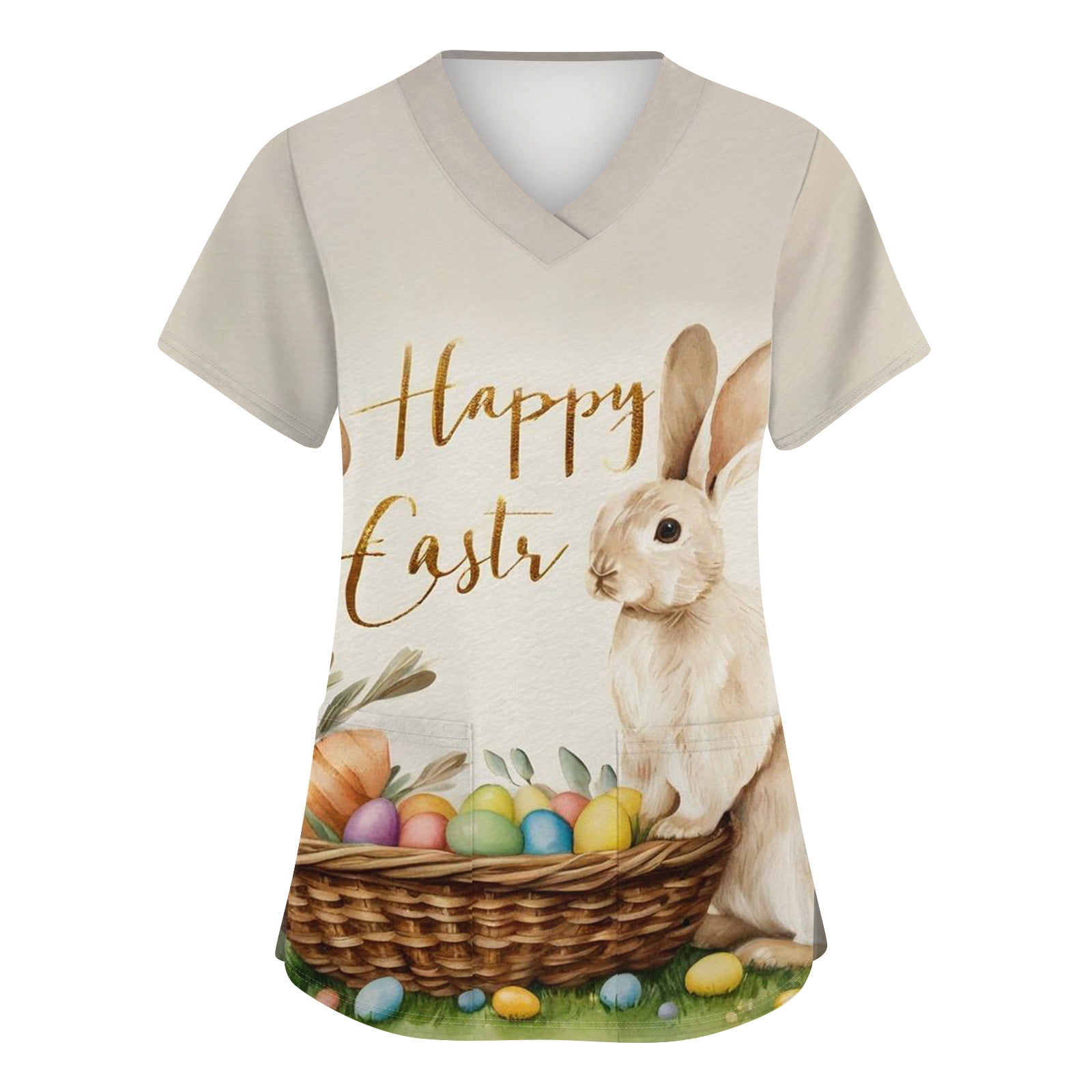 Easter Scrubs for Women Bunny and Eggs Printed Short Sleeve Stretchy ...
