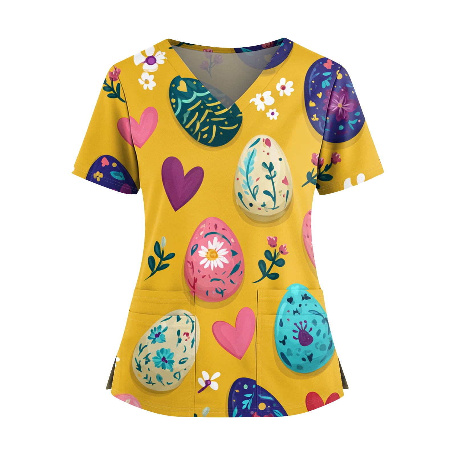 Easter Scrubs for Women Stretchy Bunny Egg Print Short Sleeve Working ...