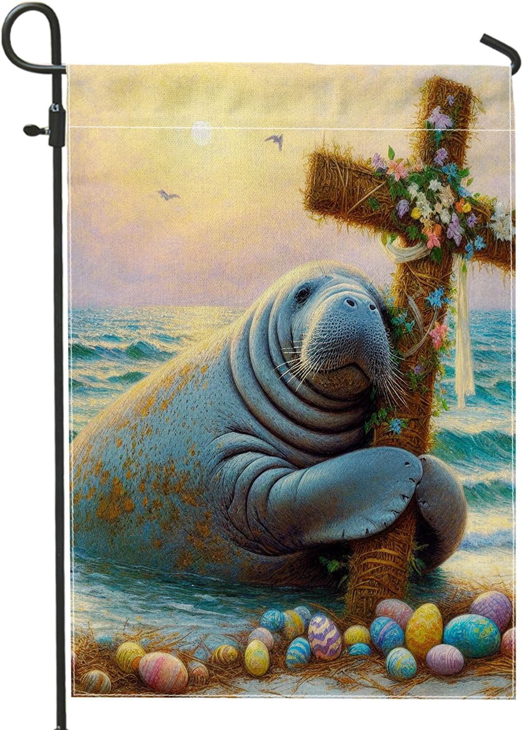 Easter Sea Lion Garden Flag Oil Painting Vintage Cute Animal Hold Cross ...