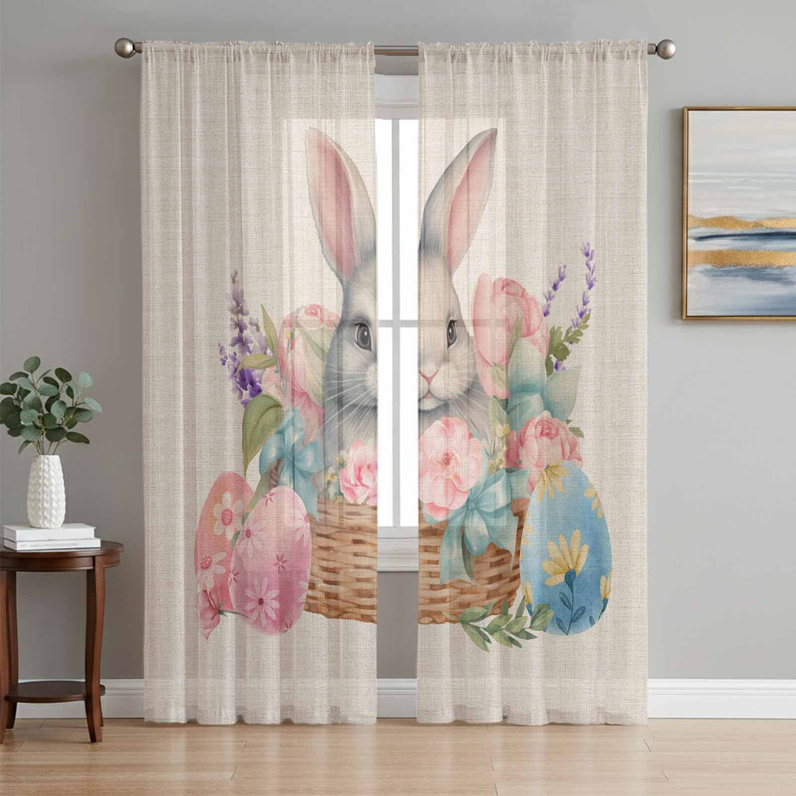 Easter, Semi Sheer Curtains 96 Inch Length 2 Panels Set, Rustic Easter ...