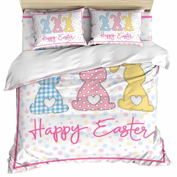 Easter Set of 4 Bedding Quilt Covers, Spring Polka Dot Bunny Pink Plaid ...
