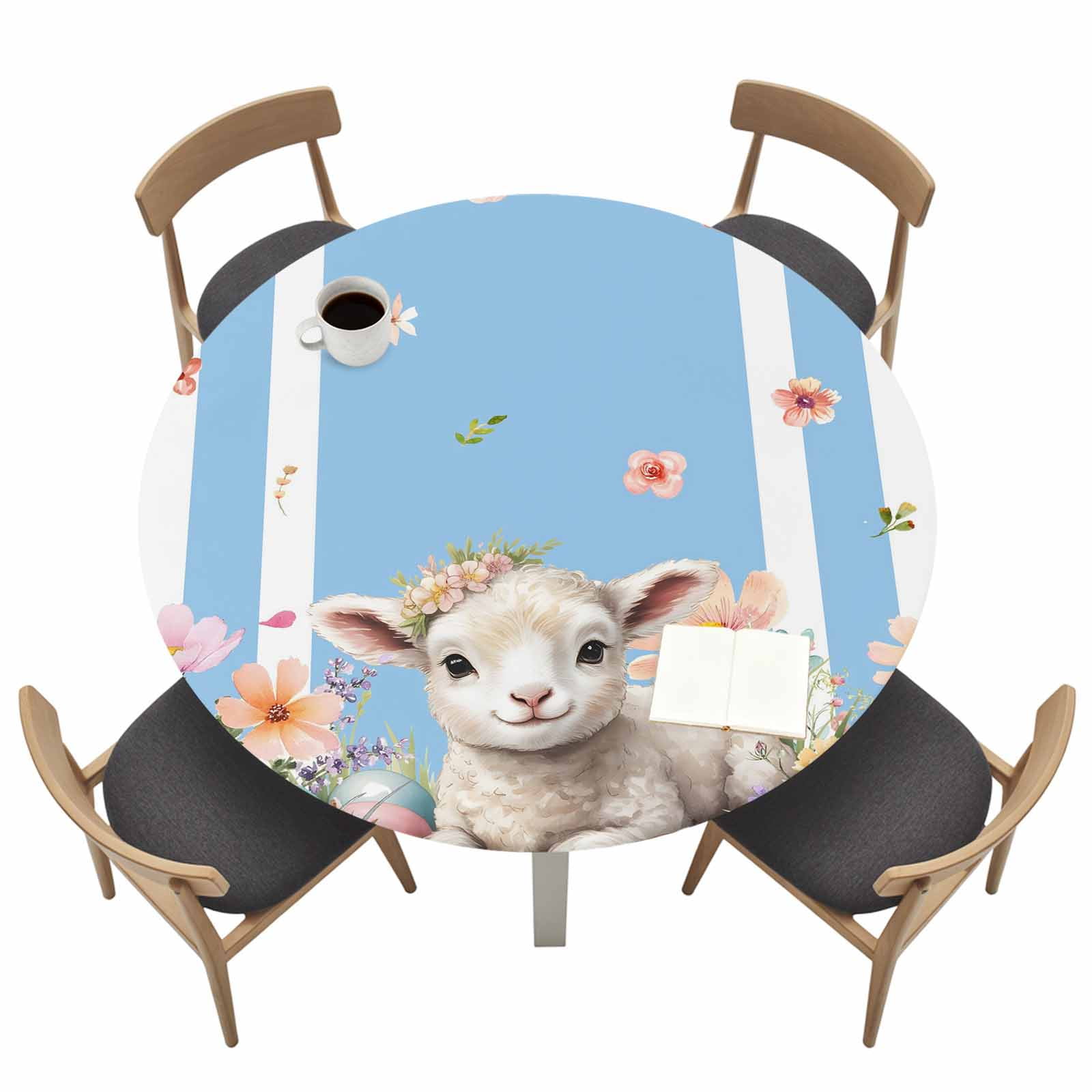 Easter Sheep Round Fitted Tablecloth with Elastic Edge Watercolor Sheep ...