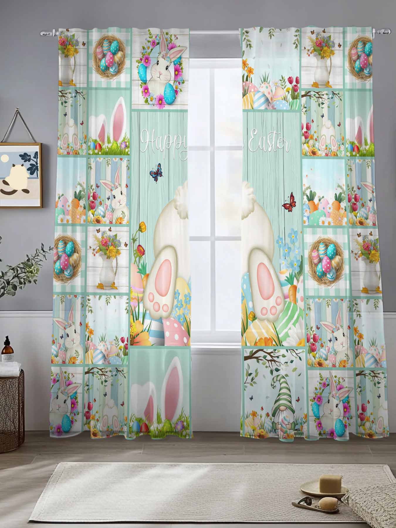 Easter Sheer Curtains 2 Panels Set, 52''Wx84''L Rabbit Foot Ears Eggds ...