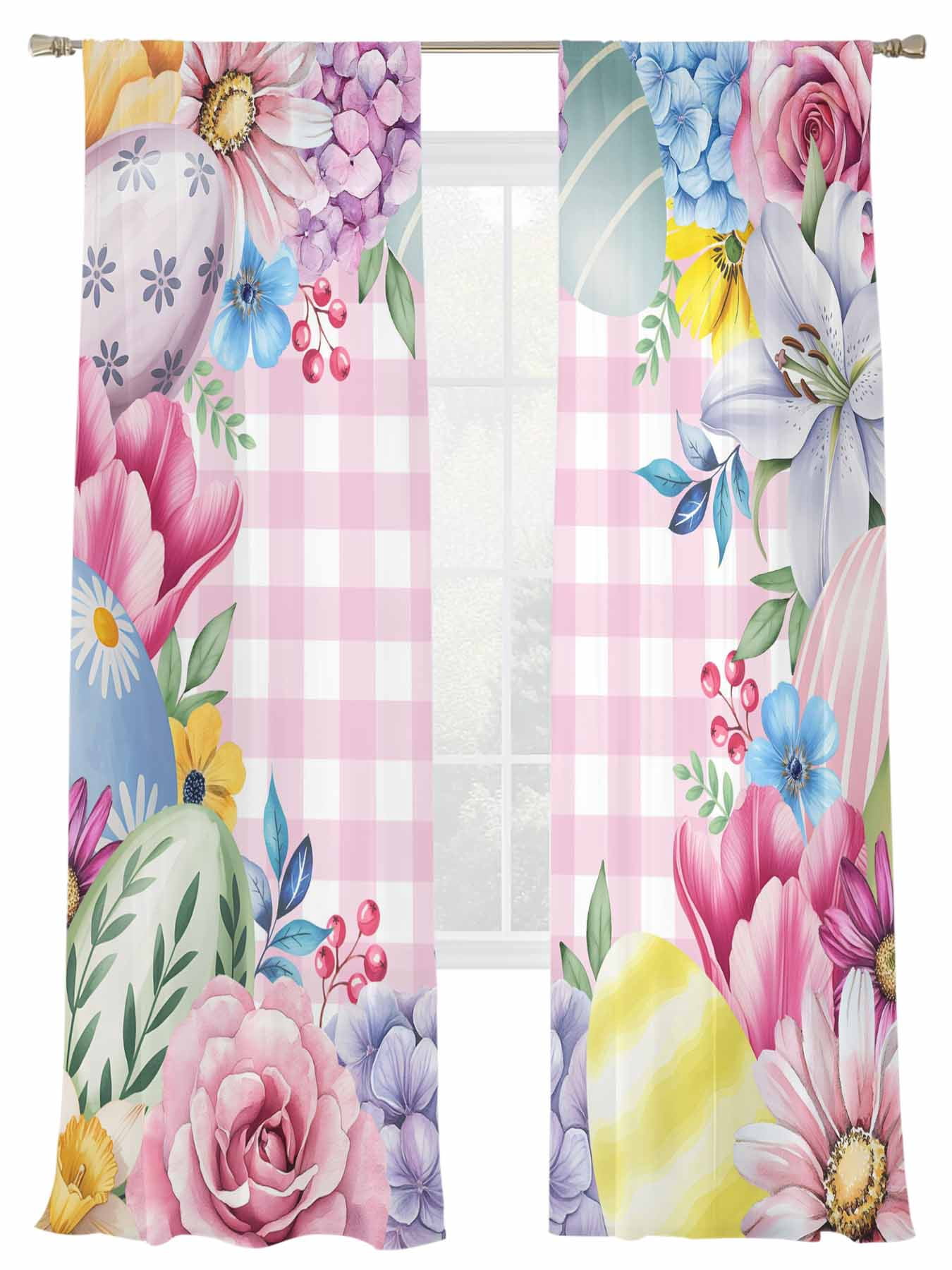 Easter Sheer Curtains 2 Panels Set Colorful Eggs Roses Tulips Daisy ...