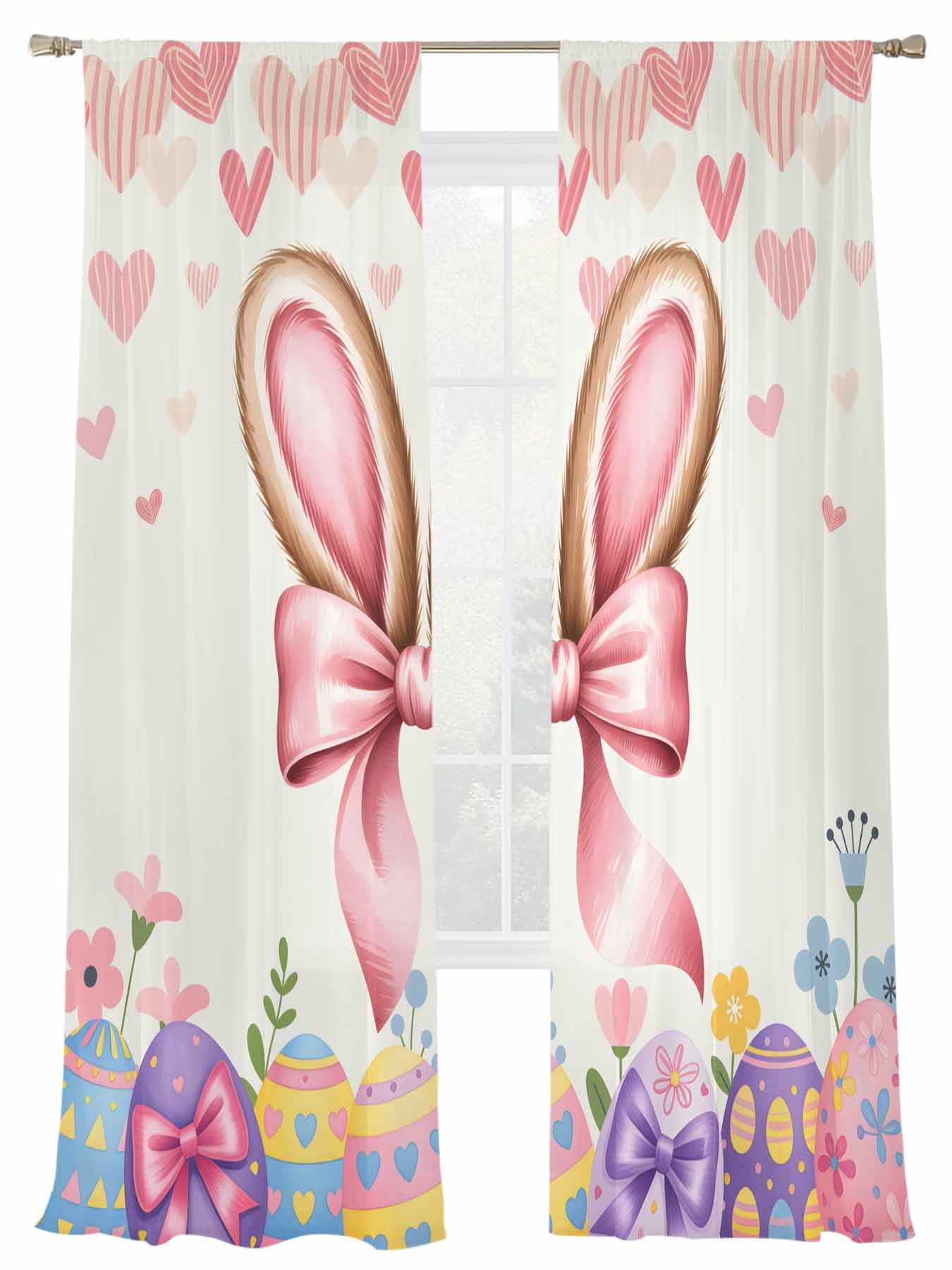 Easter Sheer Curtains 2 Panels Set Spring Pink Bowknot Rabbit Ears ...