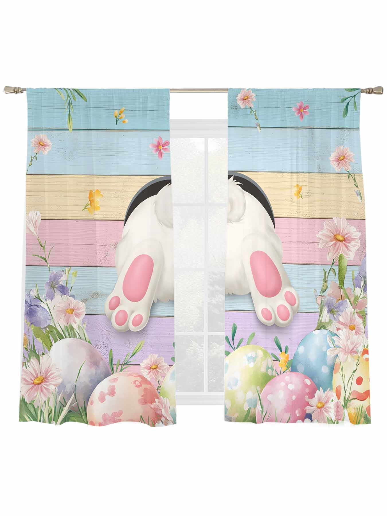 Easter Sheer Curtains 2 Panels Set Spring White Bunny Tail Colored Eggs ...