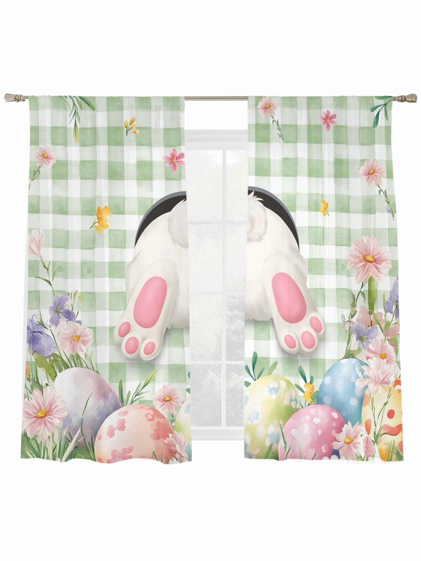 Easter Sheer Curtains 2 Panels Set Spring White Bunny Tail Colored Eggs ...