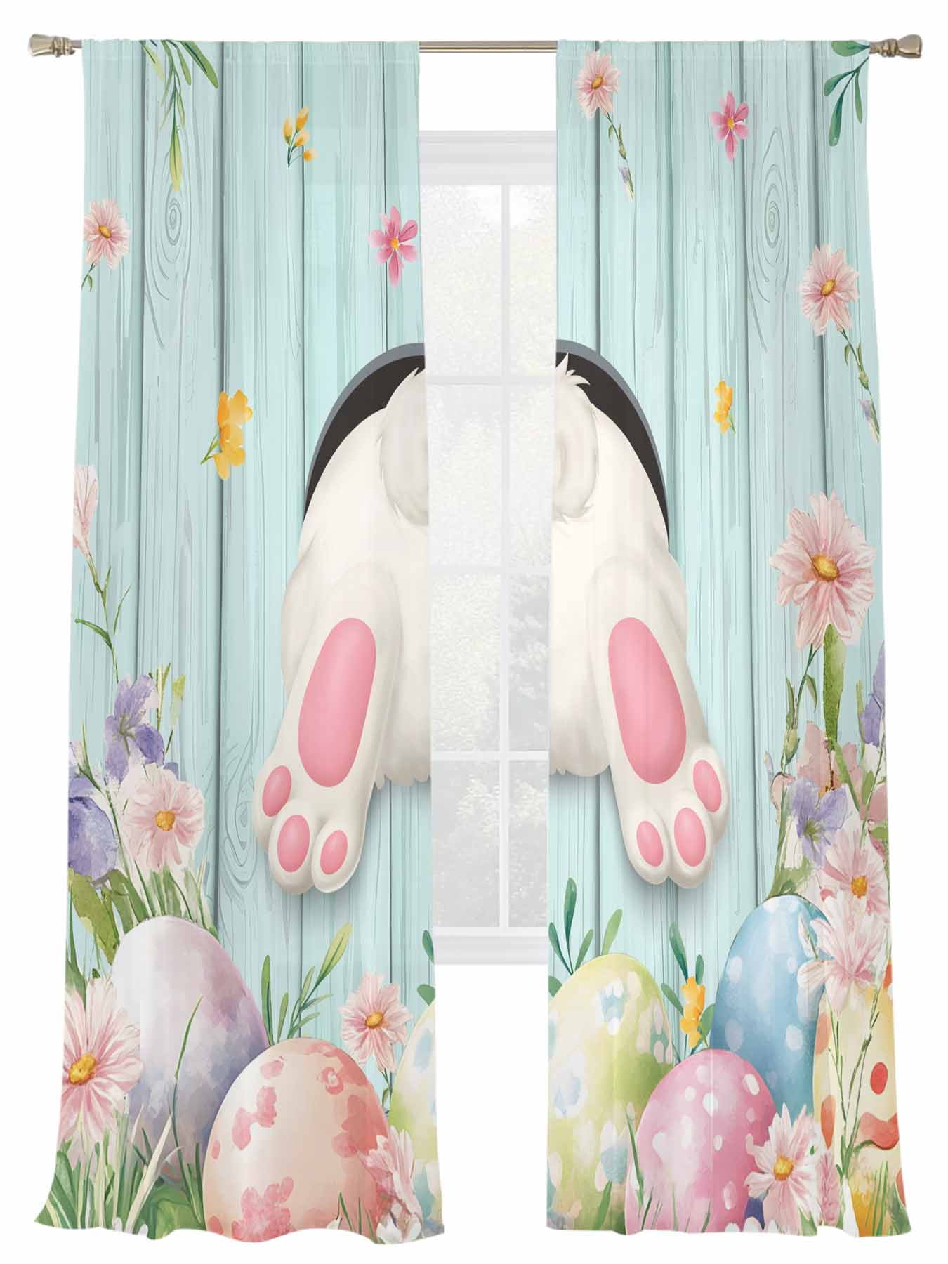 Easter Sheer Curtains 2 Panels Set Spring White Bunny Tail Colored Eggs ...