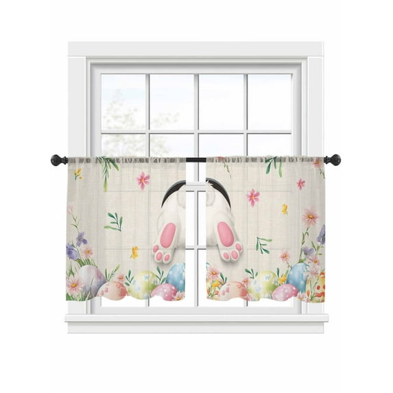 Easter Sheer Curtains 2 Panels Set Spring White Bunny Tail Colored Eggs ...