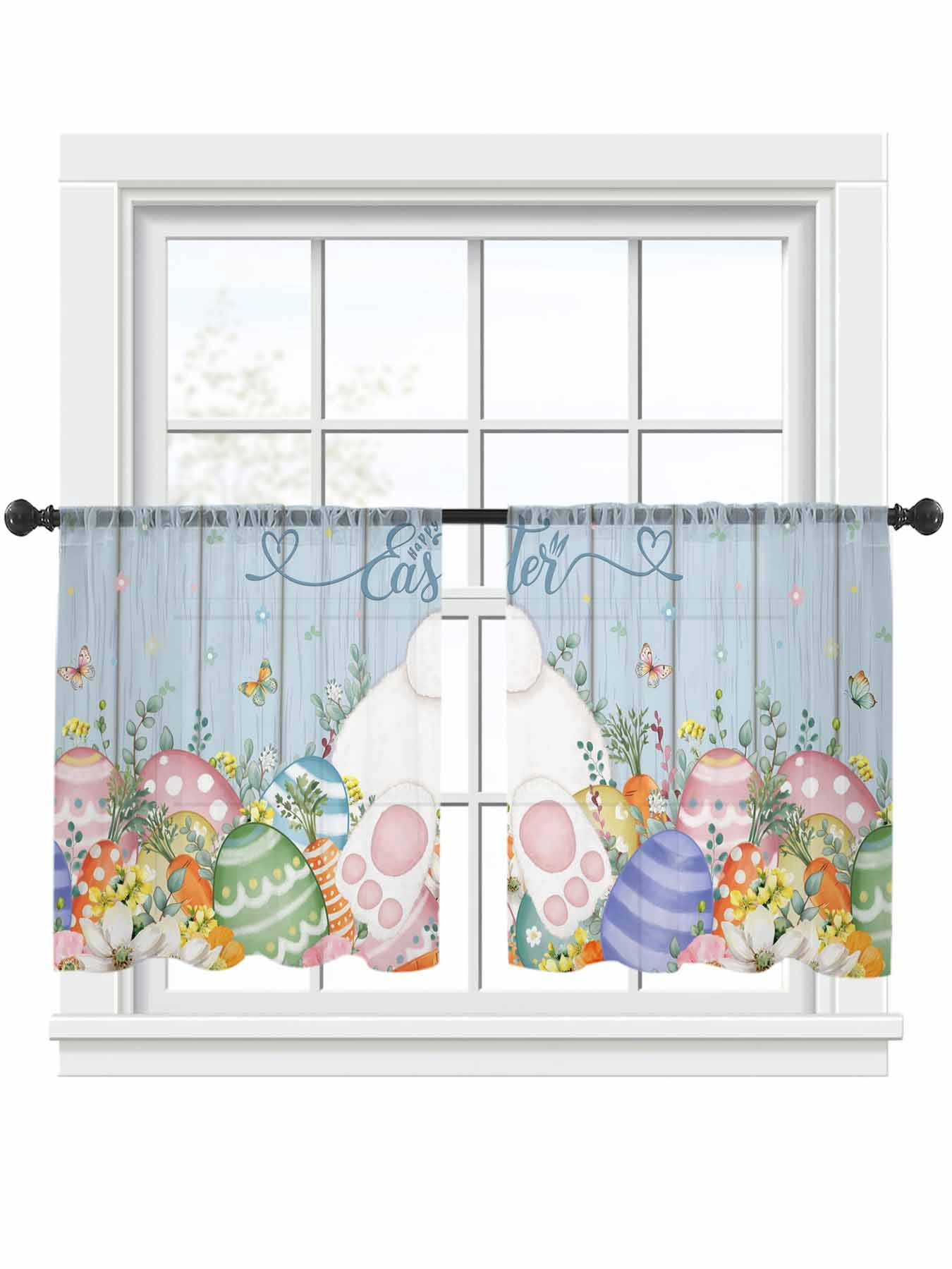 Easter Sheer Curtains 2 Panels Set Spring White Rabbit Tail Eggs Floral ...