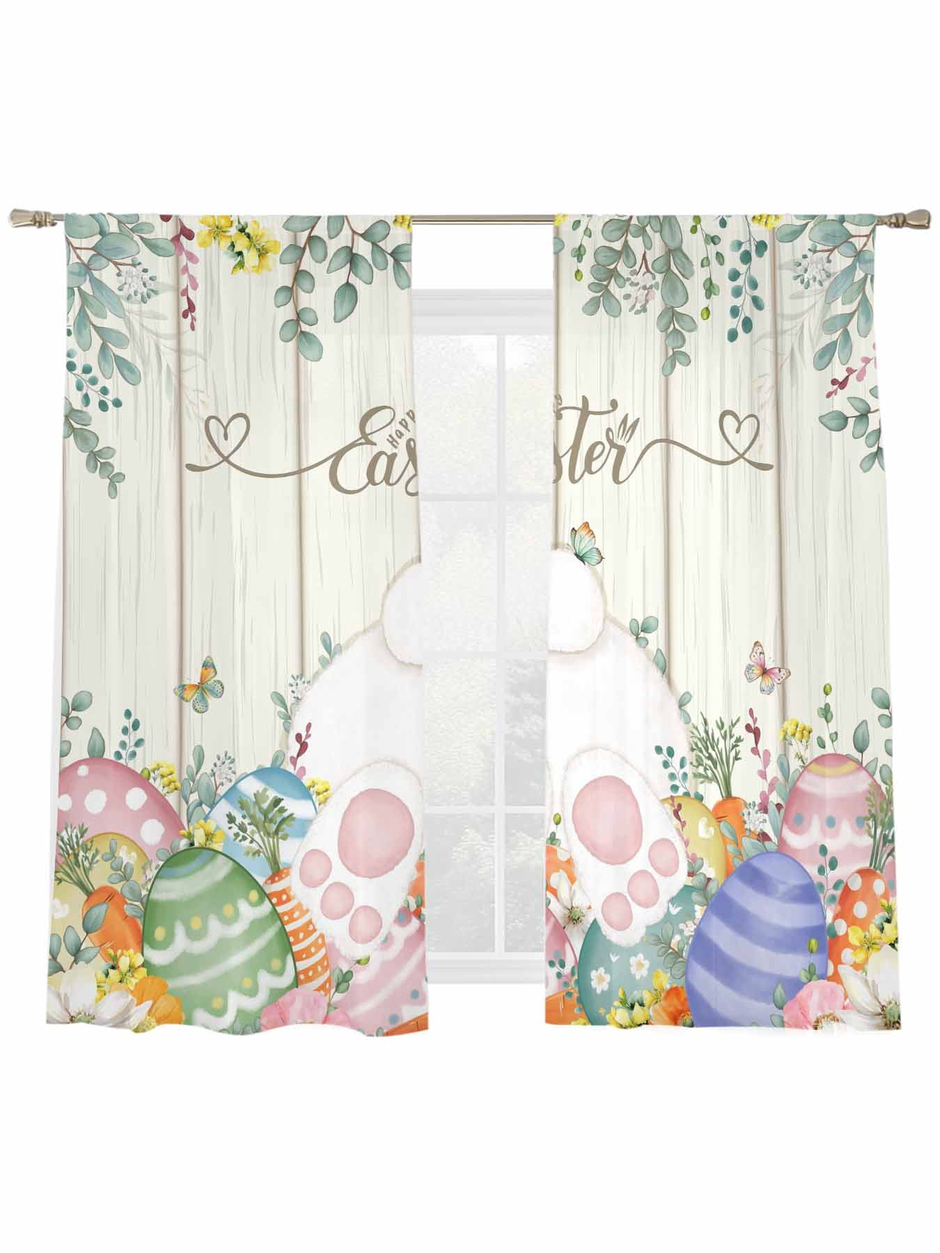 Easter Sheer Curtains 2 Panels Set Spring White Rabbit Tail Eggs Floral ...