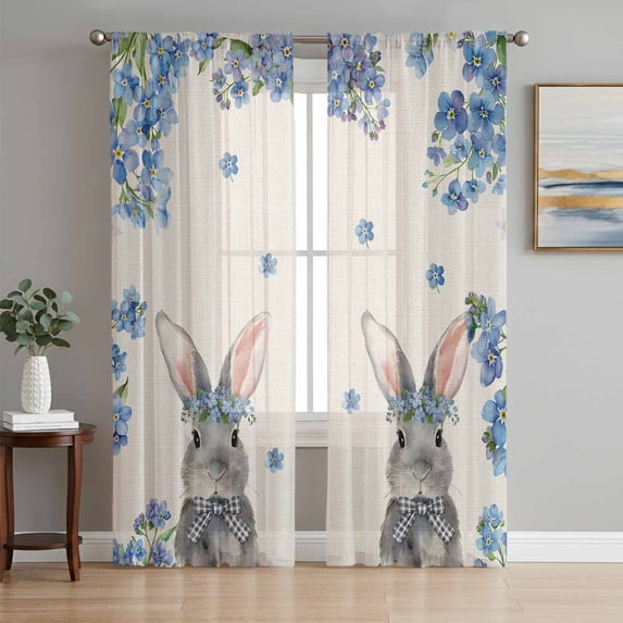 Easter Sheer Curtains 72 Inch Length 2 Panels Set, Spring Rabbit Blue ...