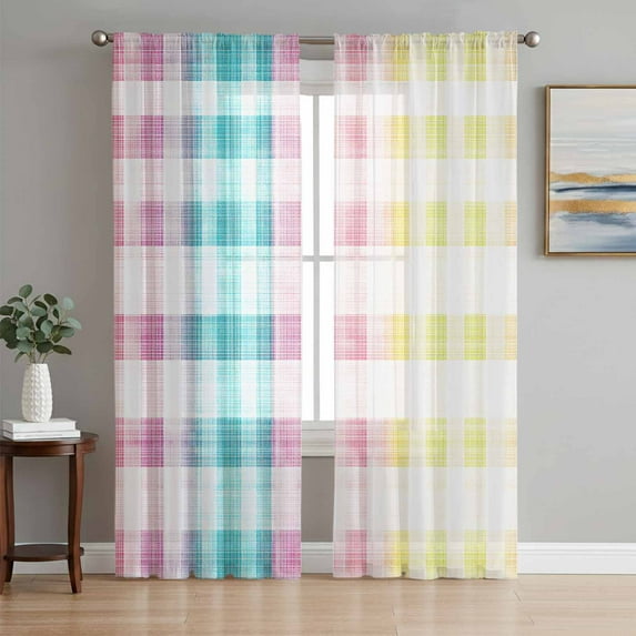 Easter Sheer Curtains 96 Inch Length 2 Panels Set, Colorful Plaid Ombre ...