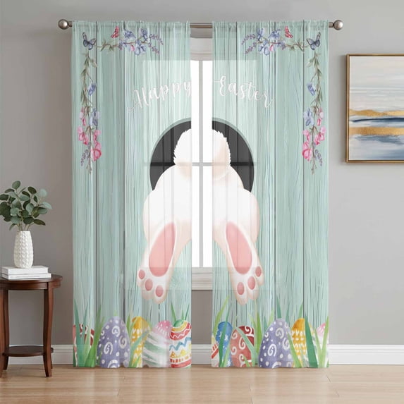 Easter Sheer Curtains 96 Inch Length 2 Panels Set, Turquoise Bunny Eggs ...