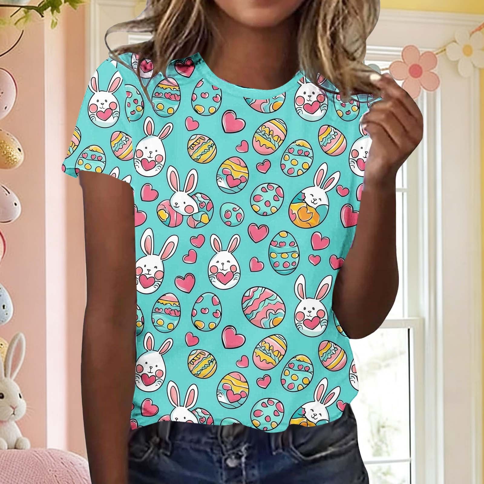 Easter Shirt for Women All Over Bunny And Patterned Egg Print T-Shirt ...