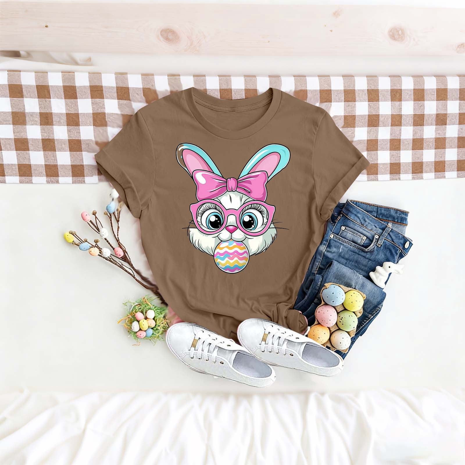 Easter Shirt for Women Glasses Bunny Holding Egg Graphic T-Shirt Short ...