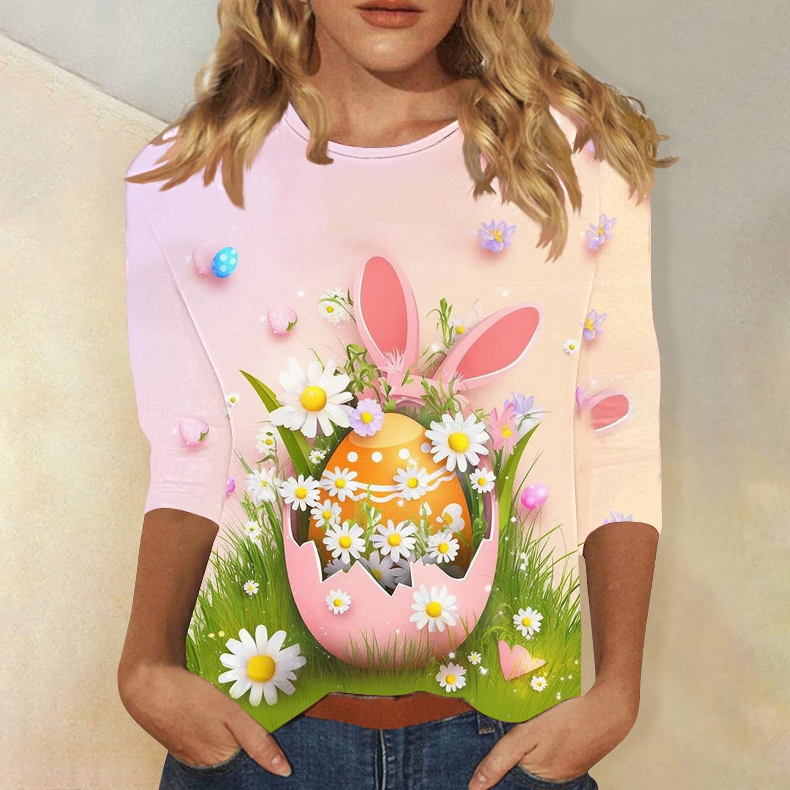 Easter Shirt for Women Rabbit In Cracked Egg Graphic Tunic 3/4 Sleeve ...