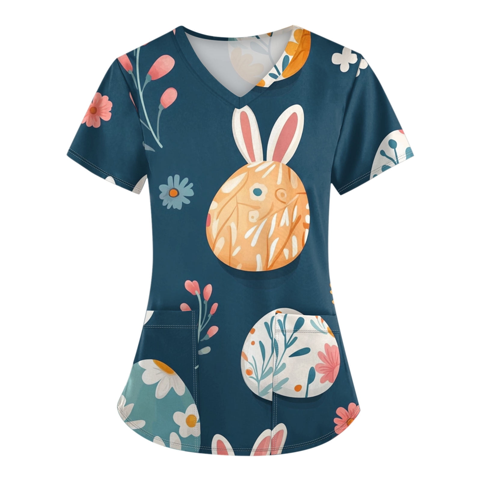 Easter Shirts Women Nursing Scrubs for Women V Neck Short Sleeve Bunny ...