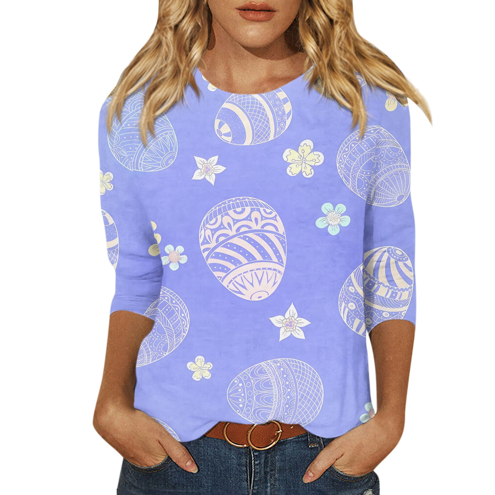 Easter Shirts Women Plus Size 3/4 Sleeve Crew Neck Eggs Rabbit Print ...