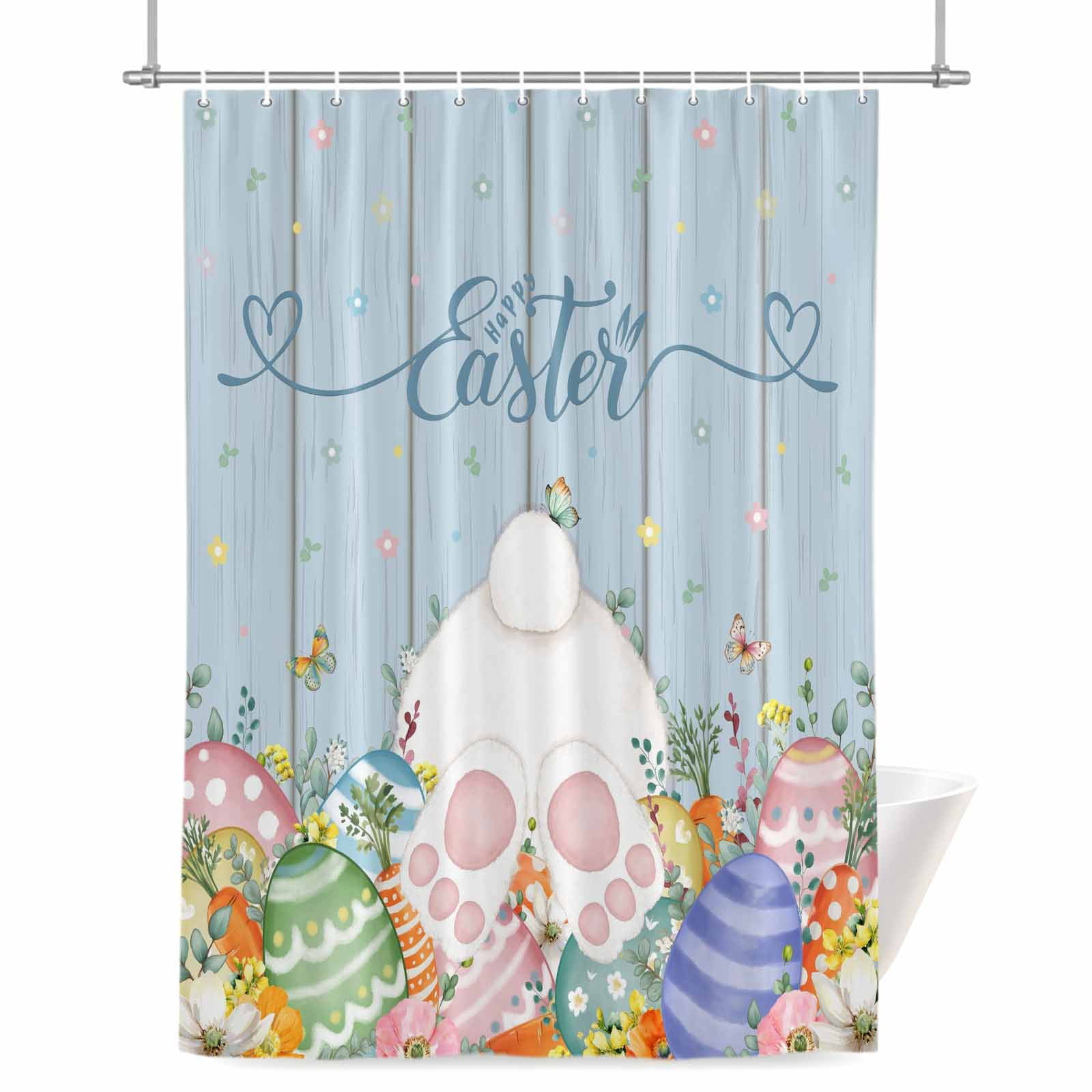 Easter Shower Curtain, 48" x 72", Spring White Rabbit Tail Eggs Floral ...